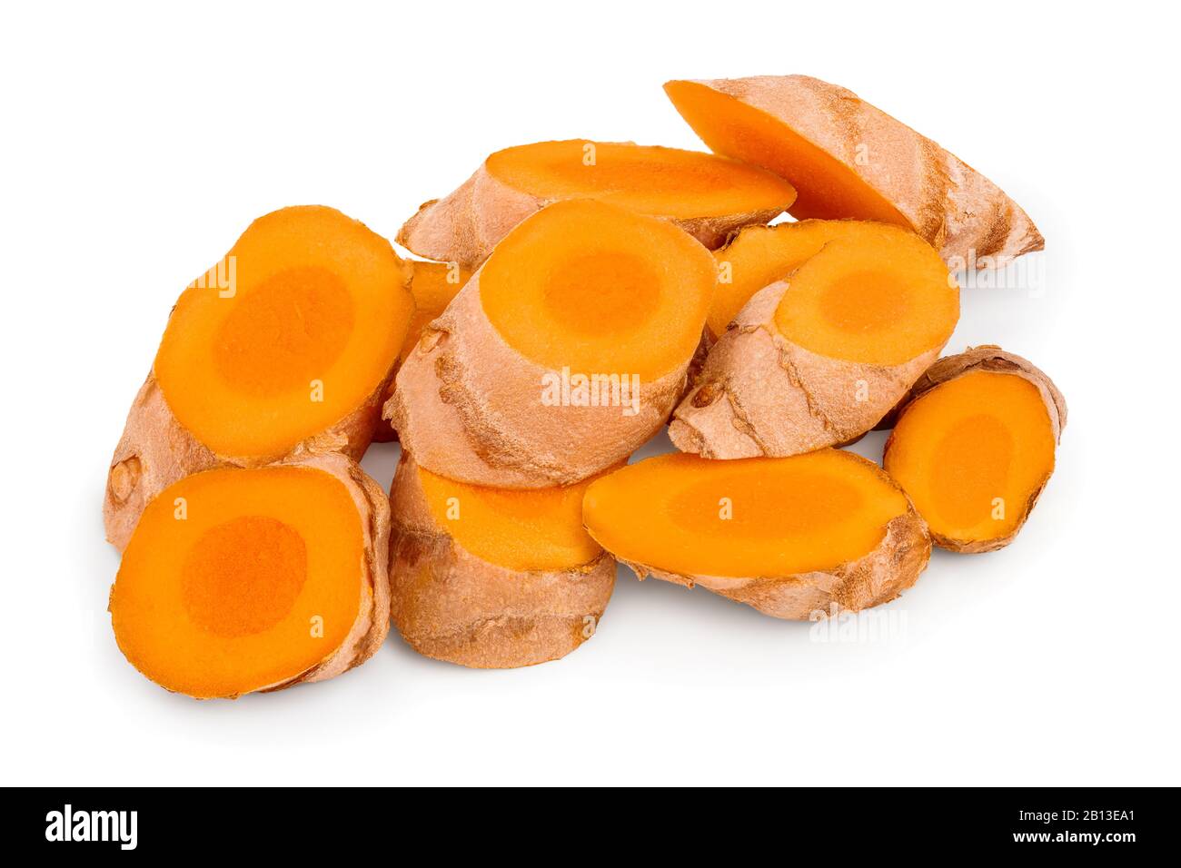 turmeric root slices isolated on white background close up Stock Photo ...