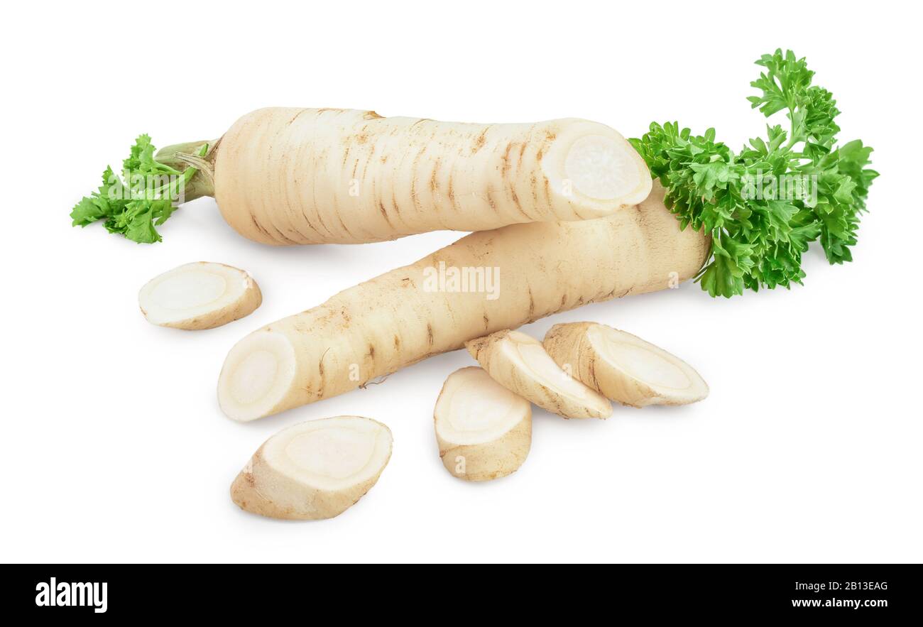 Parsley root with slices and leaves isolated on white background Stock ...