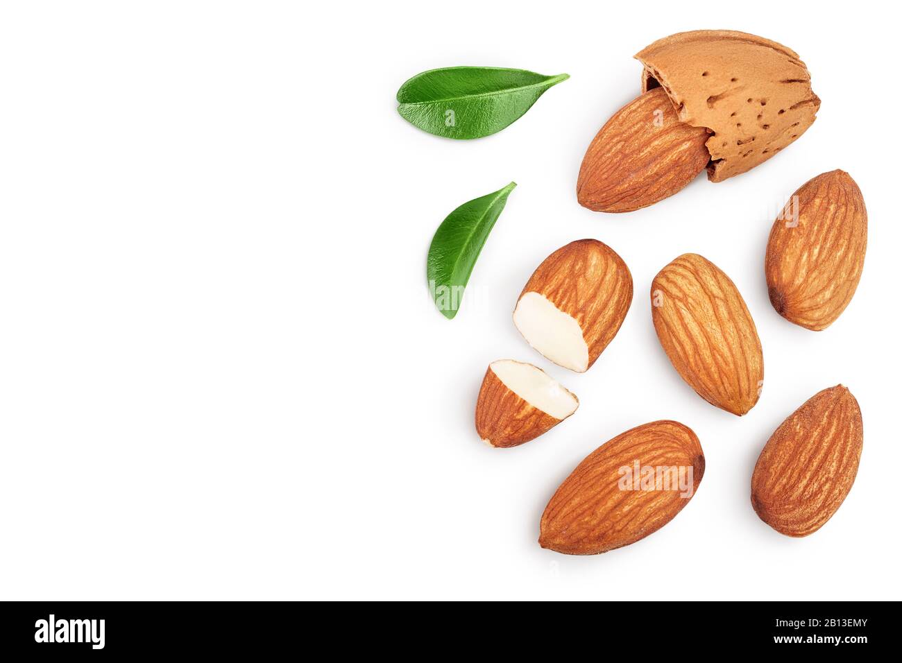 Almonds nuts with leaves isolated on white background with clipping ...