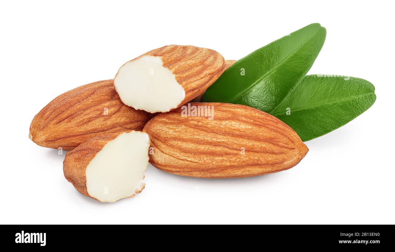 Almonds nuts with leaves isolated on white background with clipping ...