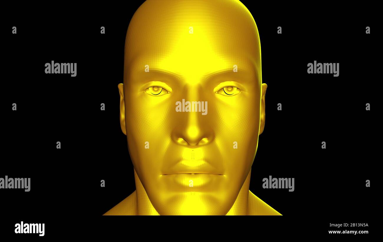 Demonstration of the head and face of a golden man. Computer generated ...