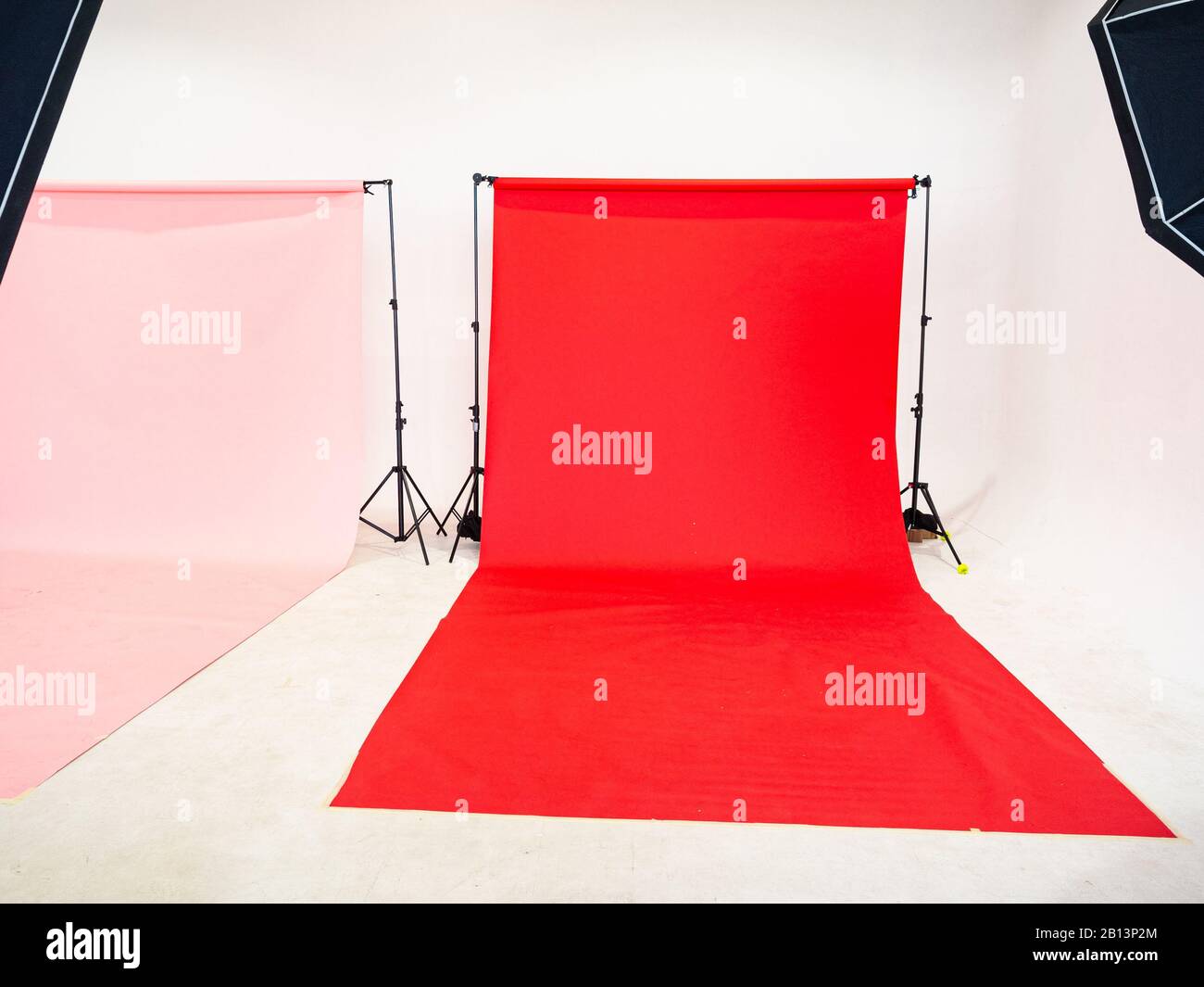 A photography studio is prepared for photography, with red and pink ...