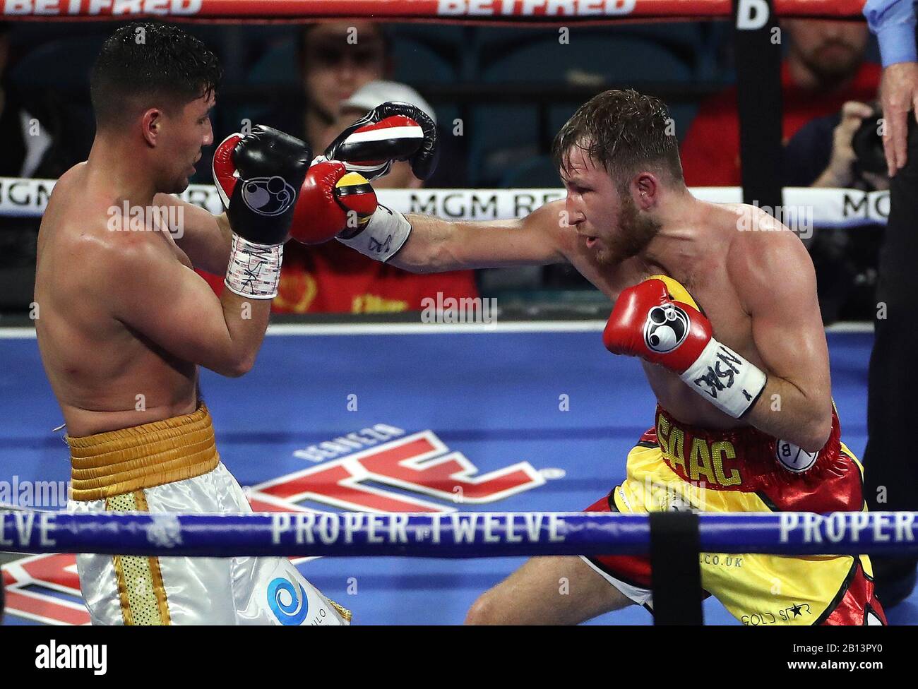 Alberto Guevara (left) and Isaac Lowe during the Featherweight bout at ...