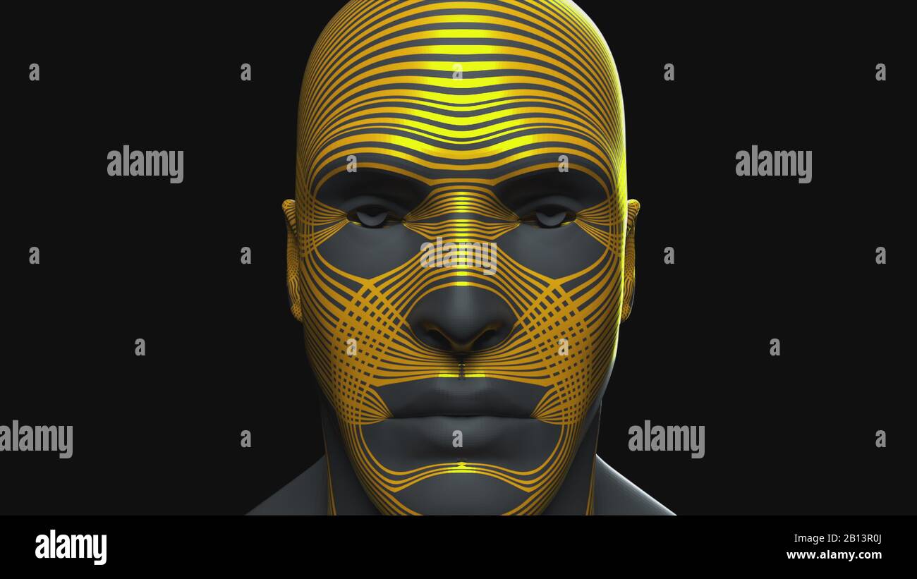 Demonstration of the head and face of a golden man. Computer generated ...
