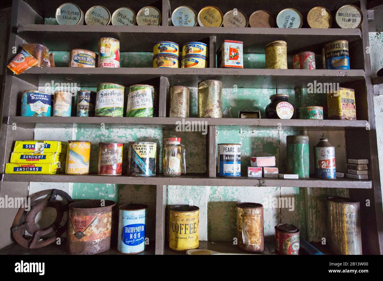 Old food cans in Wordie House at old British scientific research base ...