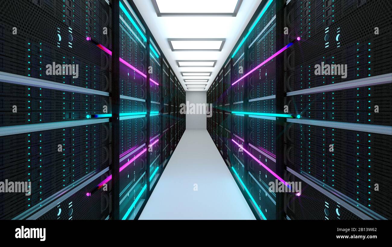 Modern server room interior in datacenter, web network and internet ...