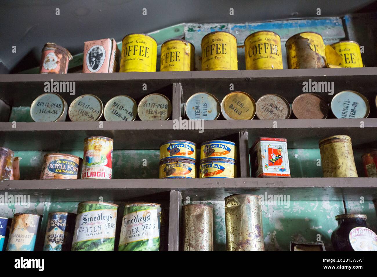Old food cans in Wordie House at old British scientific research base ...