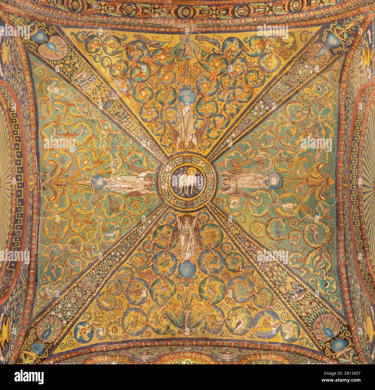 RAVENNA, ITALY - JANUARY 28, 2020: The ceiling symbolic mosaic with the ...