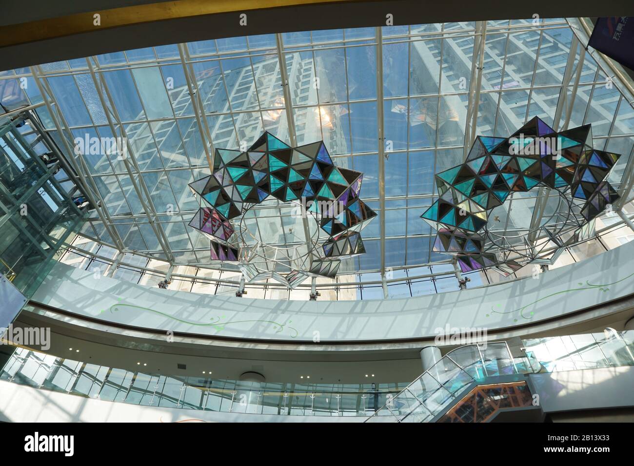The interior structure of a Chinese mall, transparent glass ceiling ...