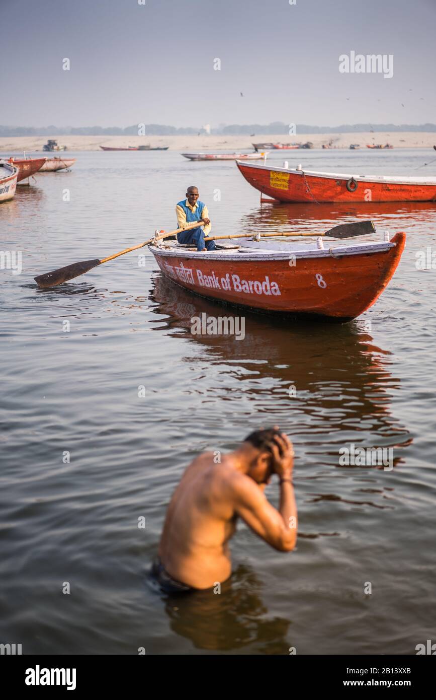 Ceremony bathing in the Ganga river, Varanasi, India, Asia Stock Photo ...
