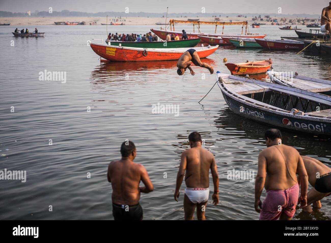 Ceremony bathing in the Ganga river, Varanasi, India, Asia Stock Photo ...