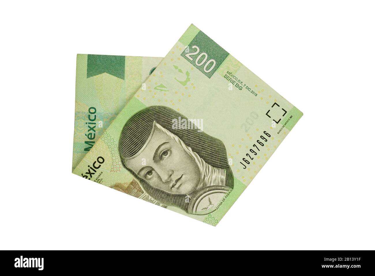 A single middle folded 200 mexican peso bill isolated and on white ...