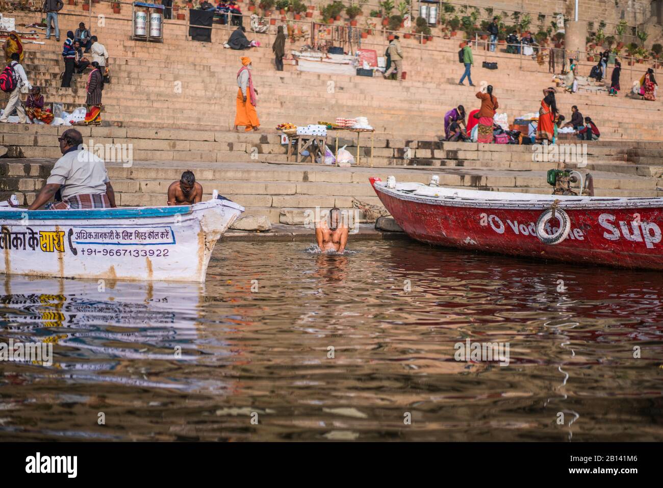 Ceremony bathing in the Ganga river, Varanasi, India, Asia Stock Photo ...