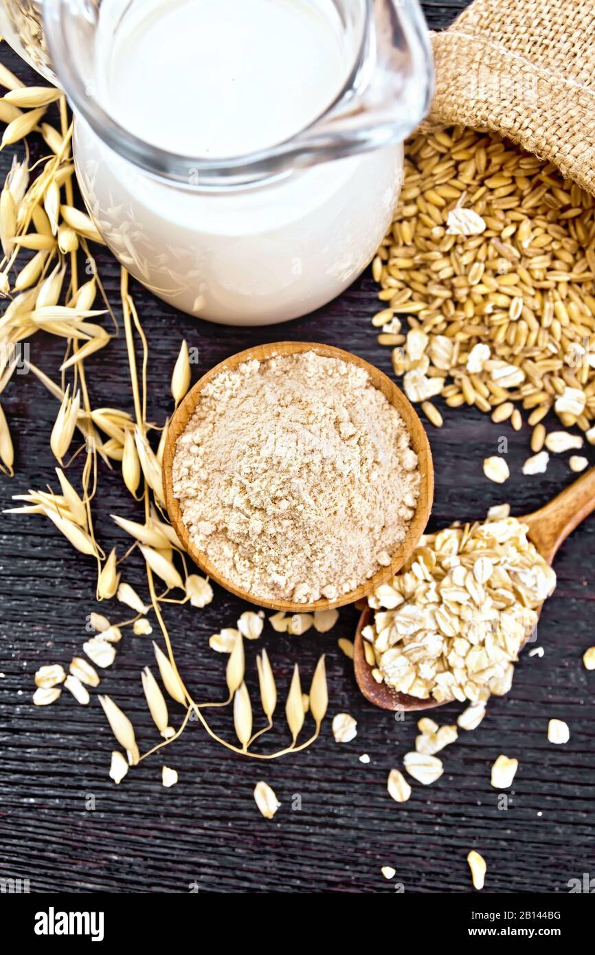 Flour oat in bowl, grain in a bag, oatmeal in a spoon, oaten stalks on ...
