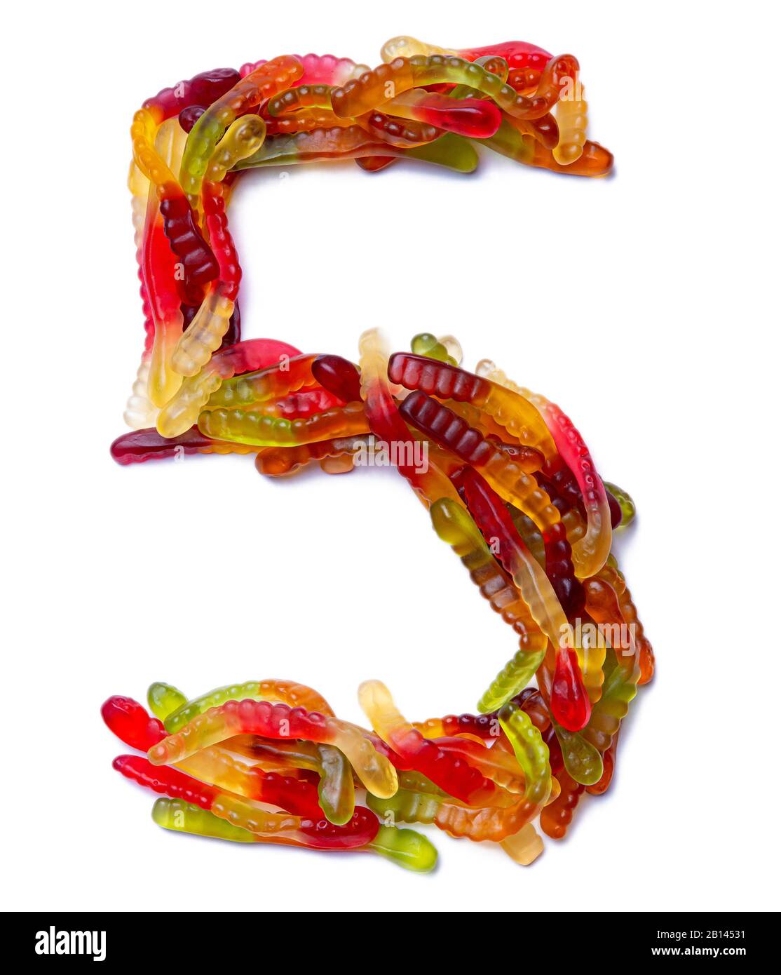 Arabic numeral "5" from multi-colored chewing marmalade on a white ...