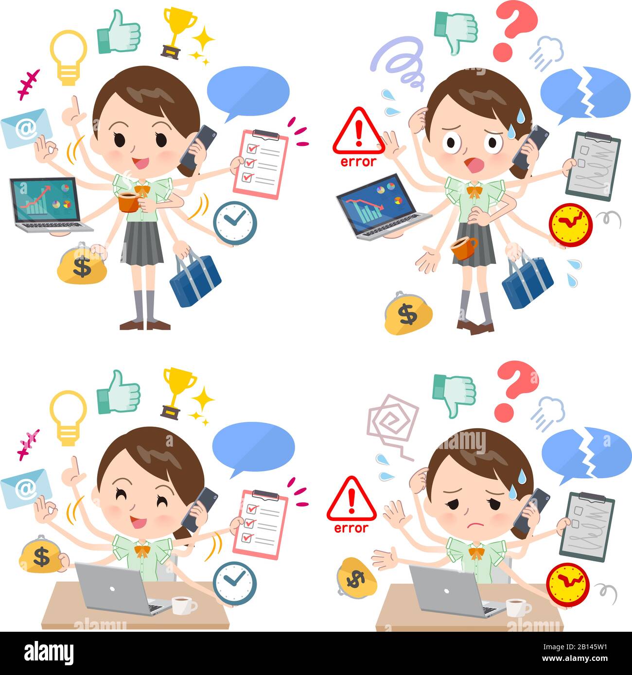 A set of Short sleeve school girl who perform multitasking in the ...