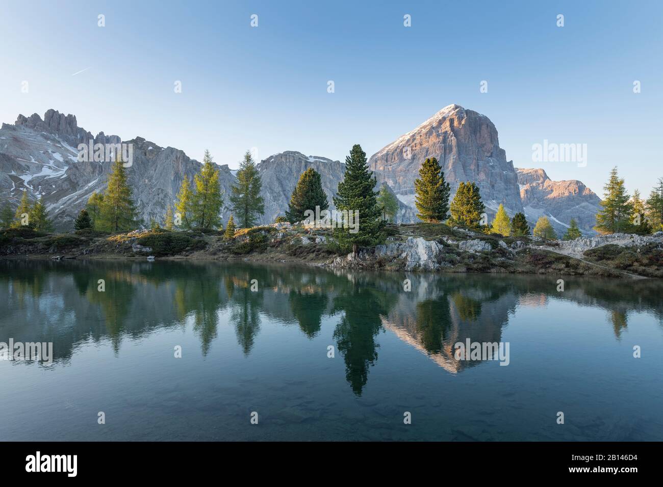 Lago die Limides with reflection of Tofane and Lagazuoi shortly before ...