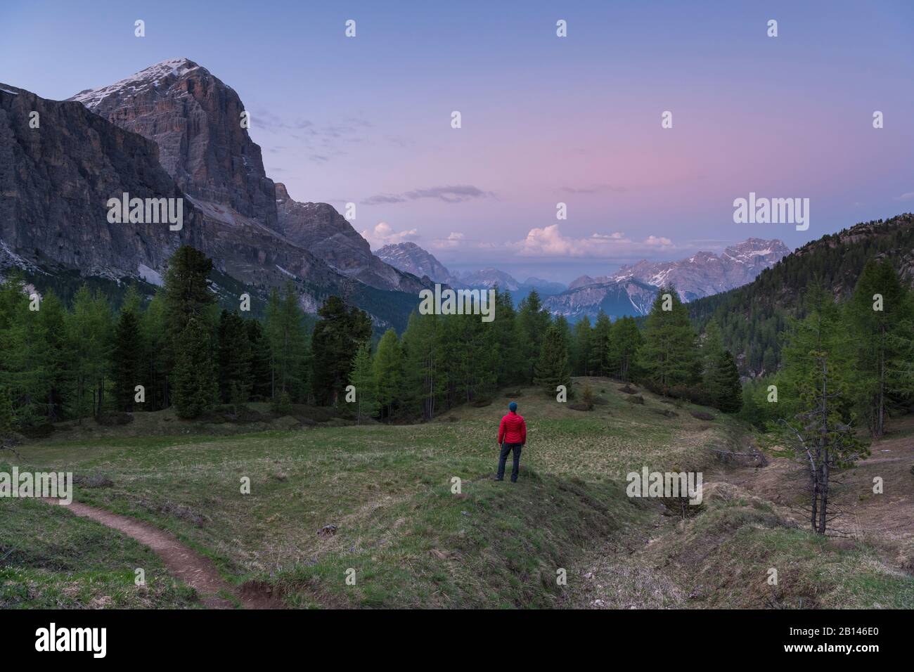 View of the Tofane shortly after sunset, Dolomites, Italy Stock Photo ...