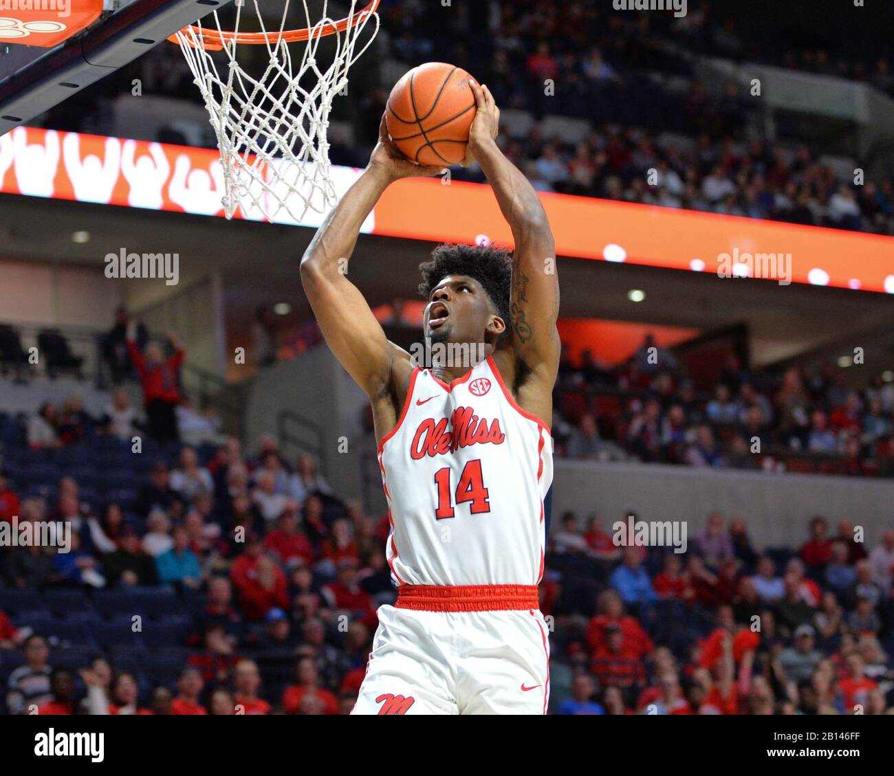 Oxford, MS, USA. 22nd Feb, 2020. Ole' Miss forward, Antavion Collum (14 ...
