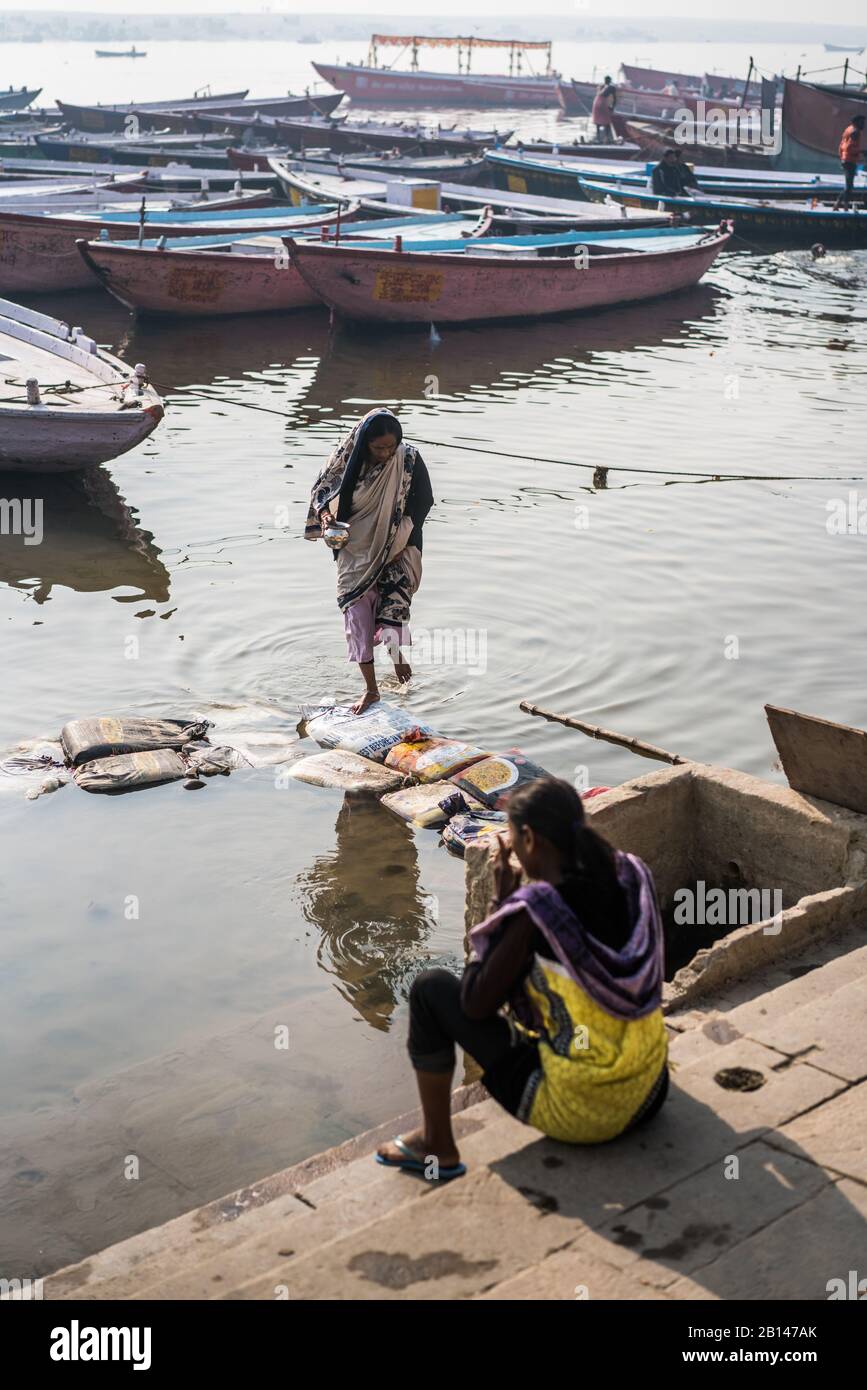 Ceremony bathing in the Ganga river, Varanasi, India, Asia Stock Photo ...