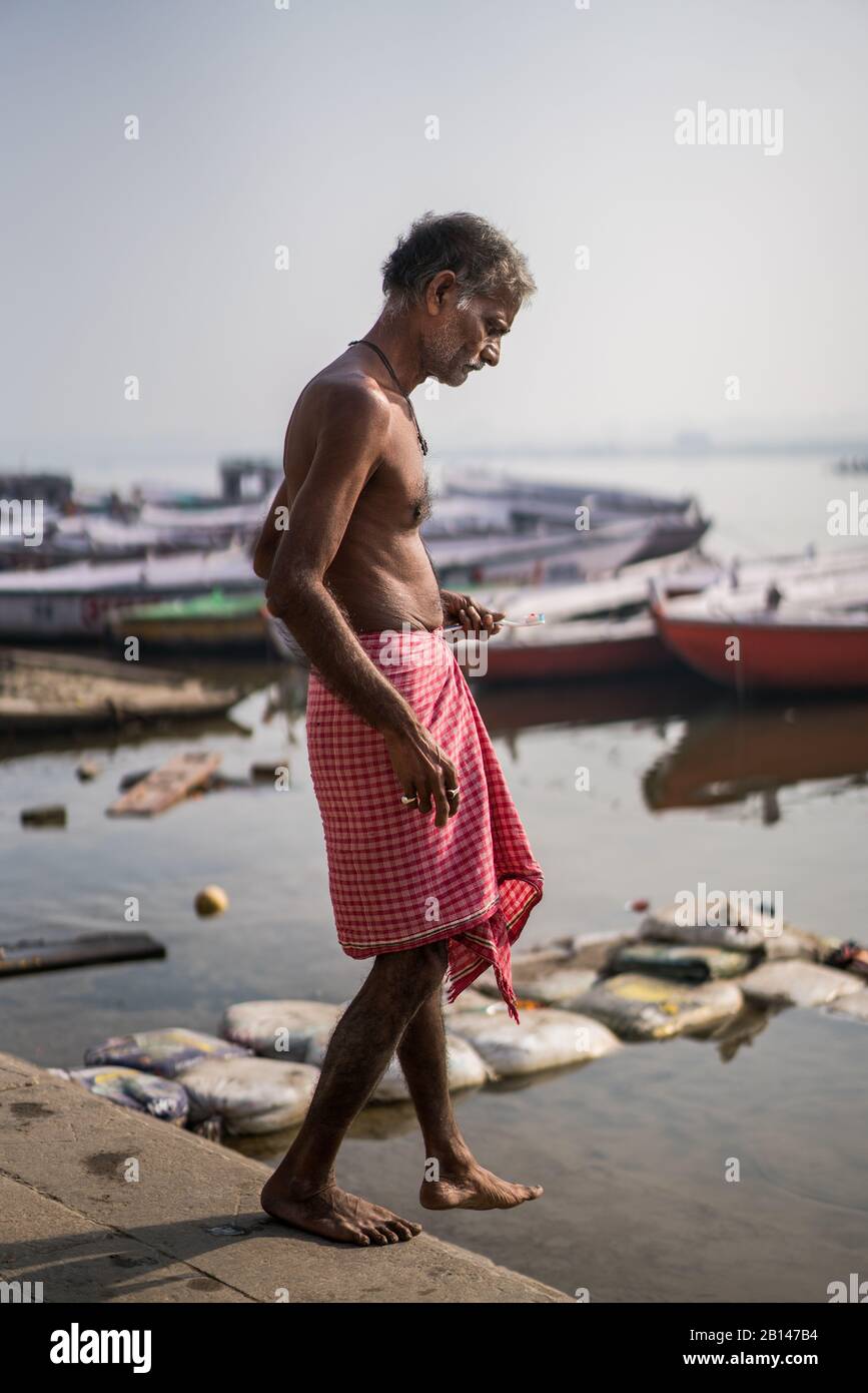 Ceremony bathing in the Ganga river, Varanasi, India, Asia Stock Photo ...