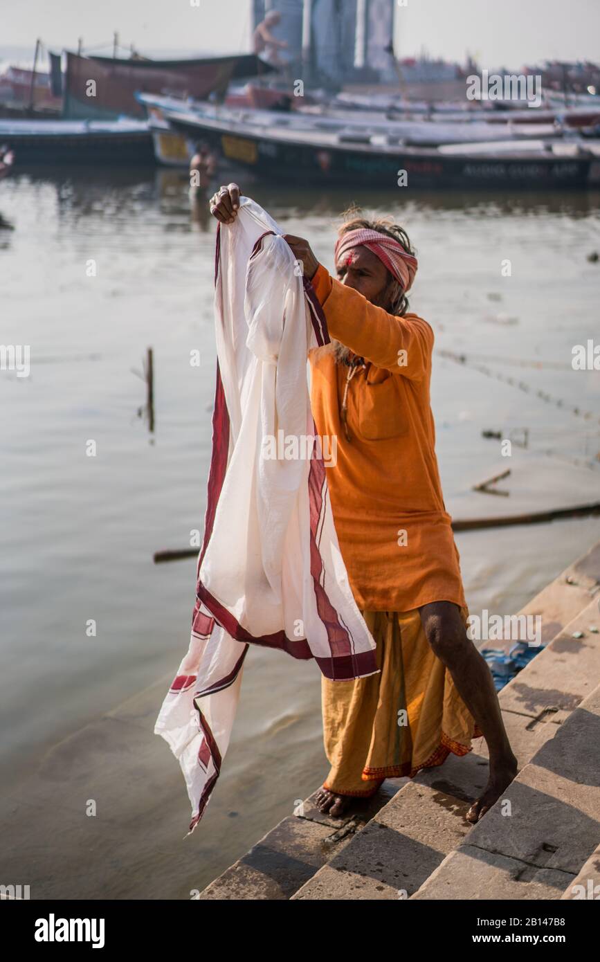 Ceremony bathing in the Ganga river, Varanasi, India, Asia Stock Photo ...