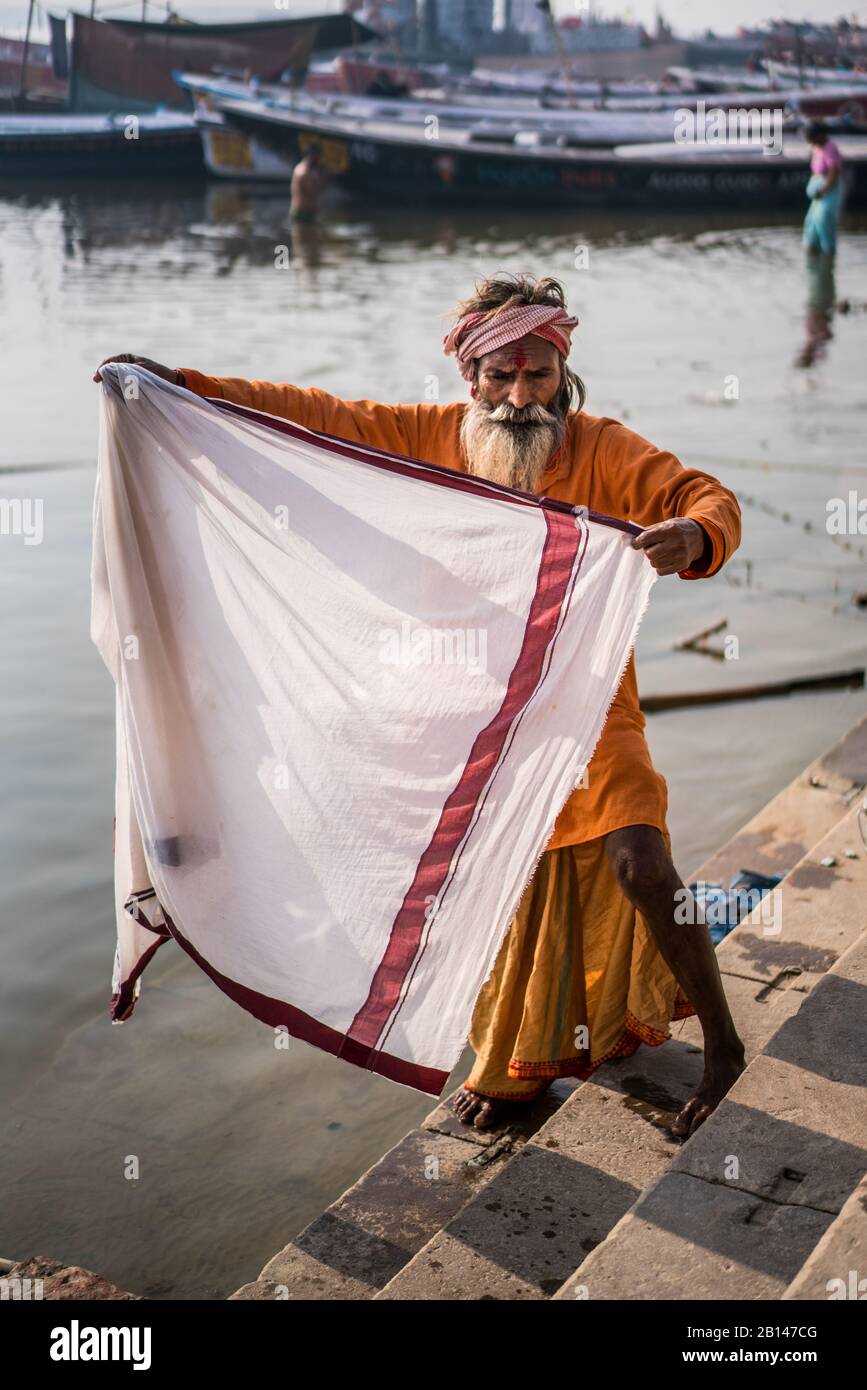 Ceremony bathing in the Ganga river, Varanasi, India, Asia Stock Photo ...