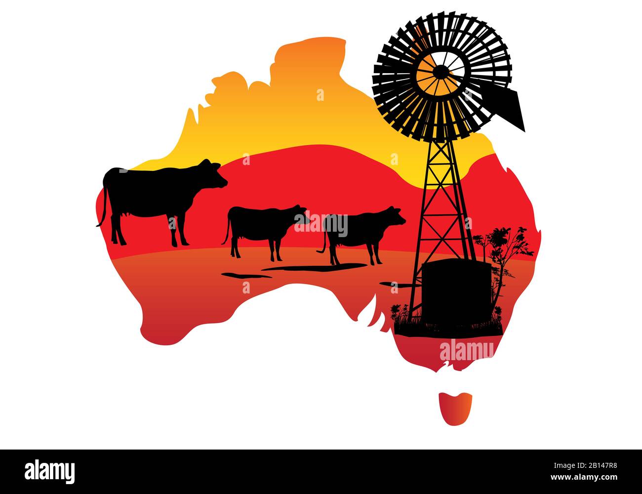 Australian map outline with cow sand windmill silhouette Stock Photo ...