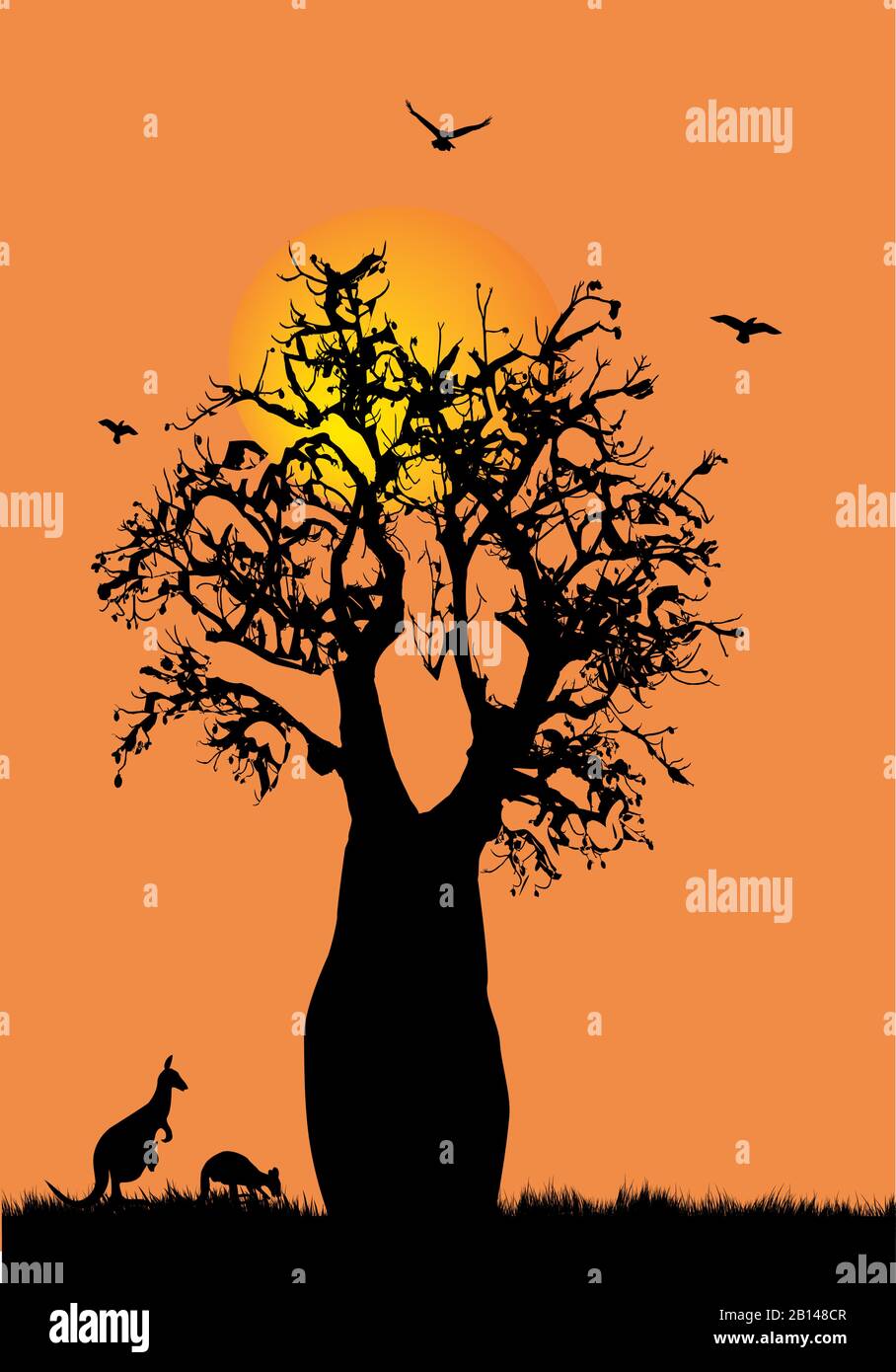 Boab tree with birds kangaroo and moon as a silhouette with orange ...