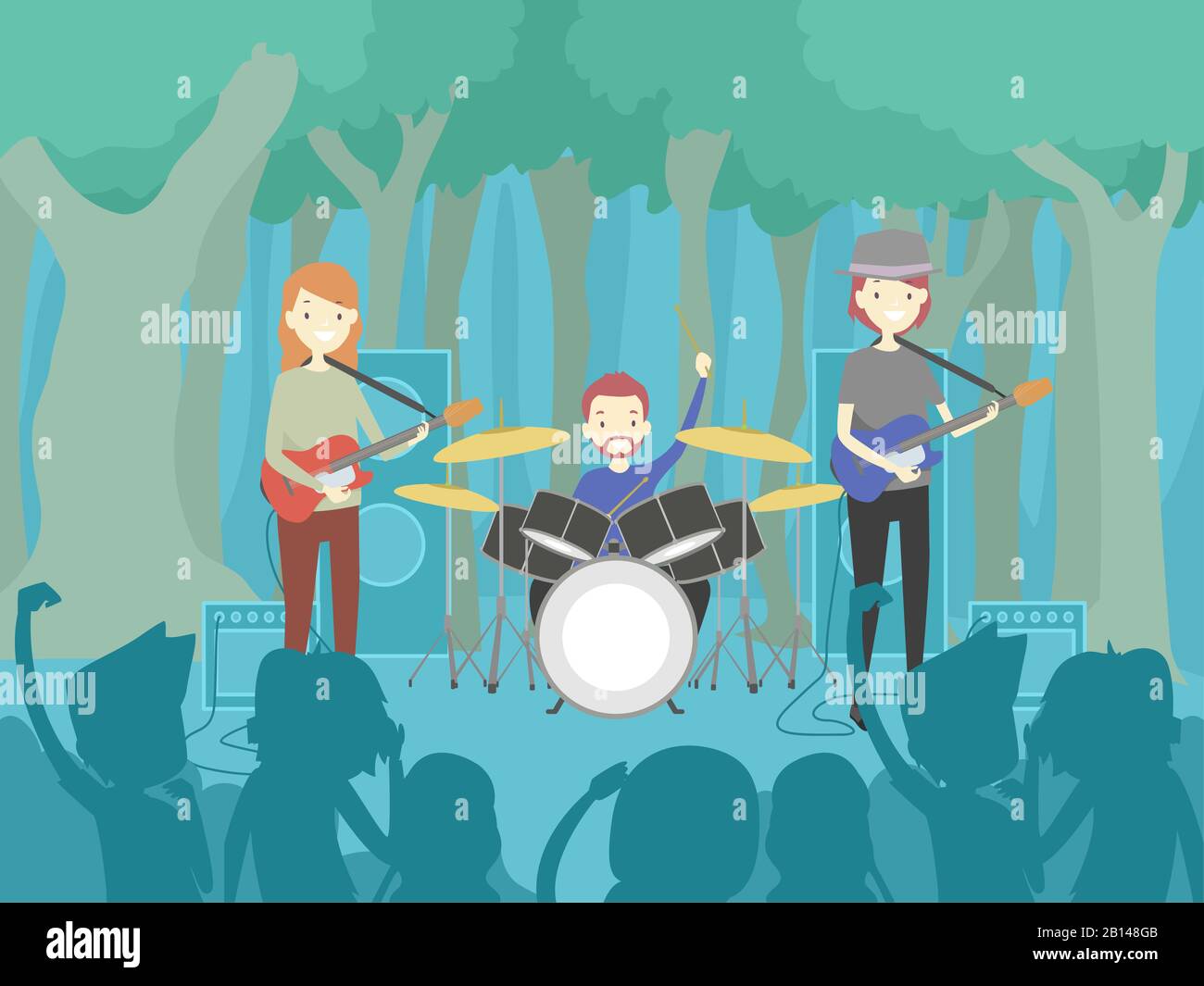 Illustration of a Three Person Band Performing On Stage Outdoors in ...