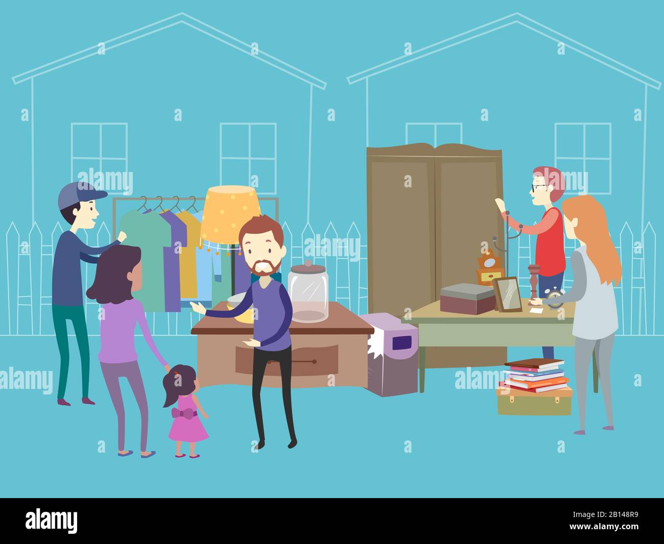 Illustration of Man and Woman Selling Stuff From Clothes, Items and ...