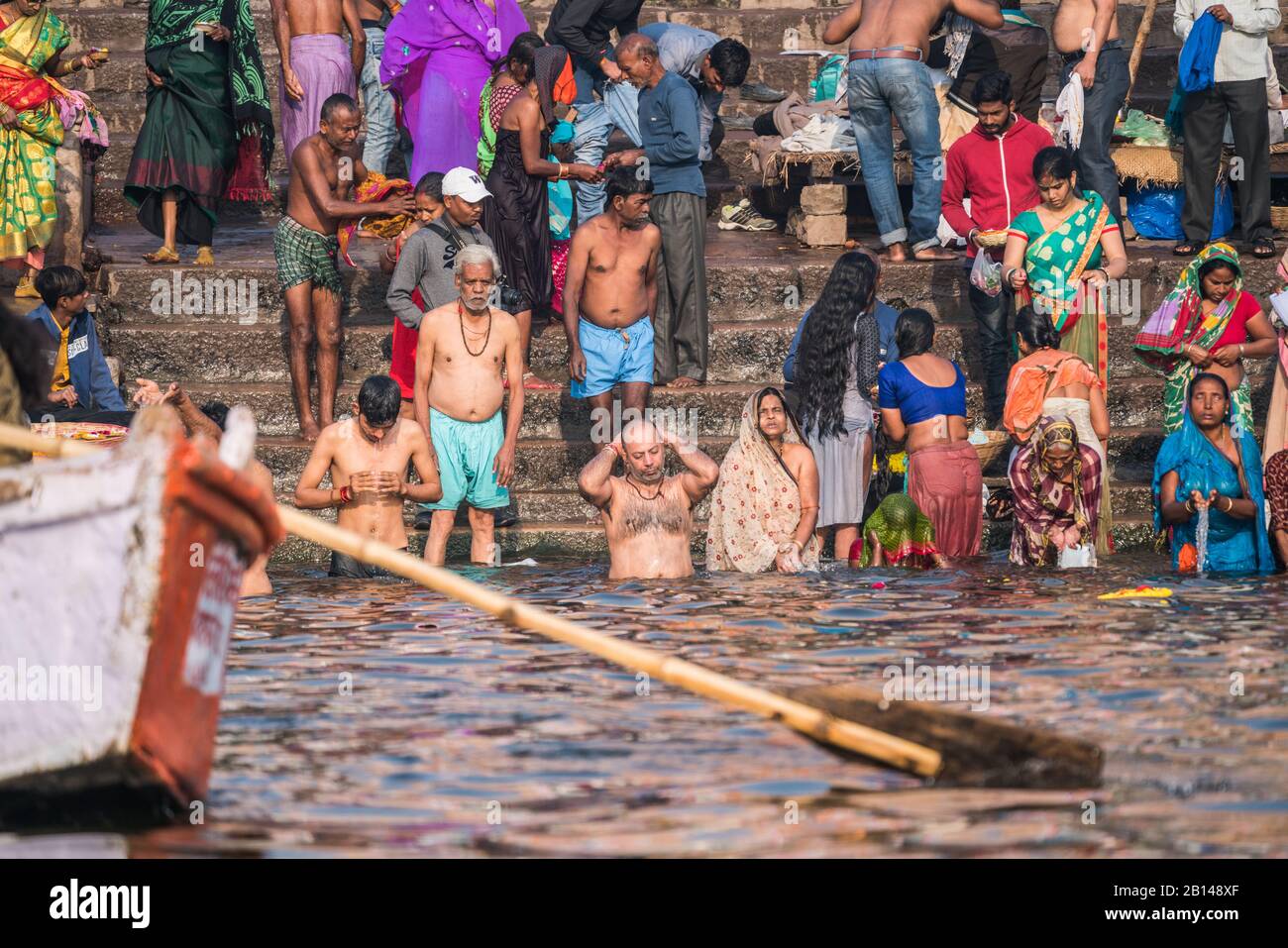 Pilgrims have bath in the Ganga river, Varanasi, India, Asia Stock ...