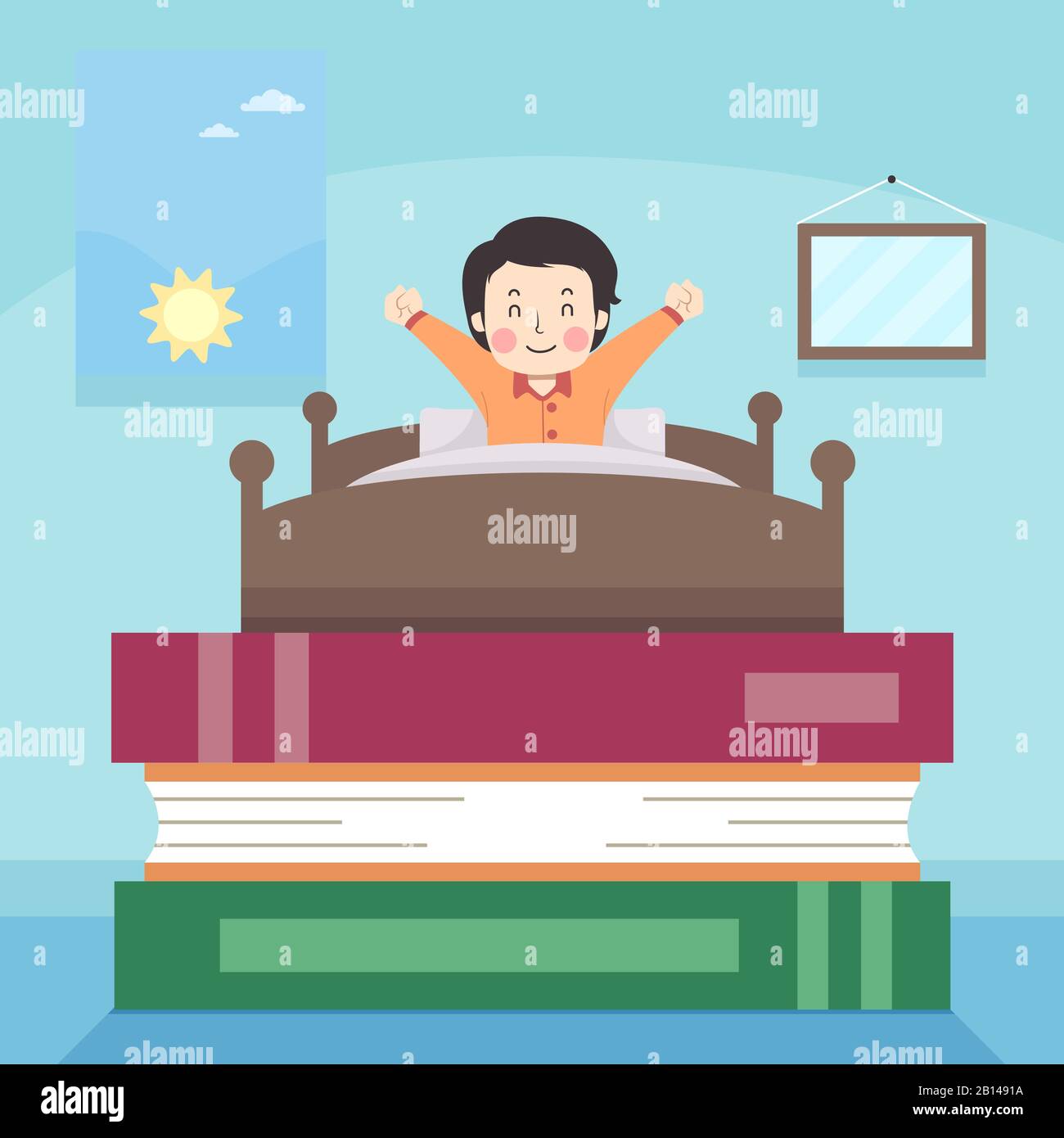 Illustration of a Teenage Guy Waking Up in the Morning, Hands Raised on ...
