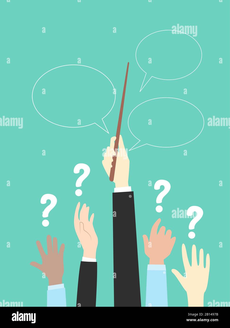 Illustration of Raised Hands in the Office, Question Marks and Speech ...