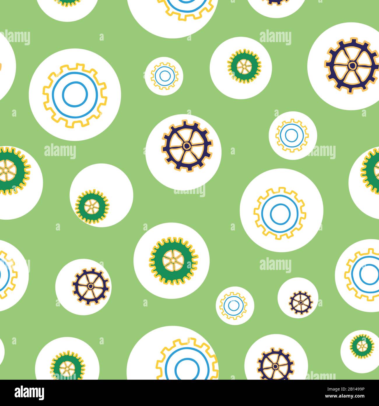 Tinkering cogs and gears bouncing about in circles on green background seamless repeat vector ...