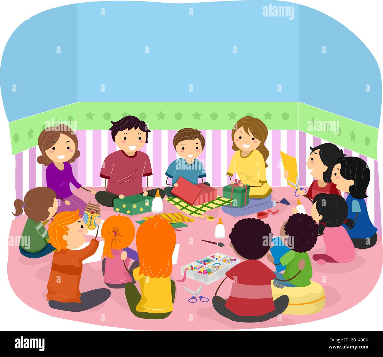 Illustration of Stickman Families Sitting in a Circle Making Crafts in ...