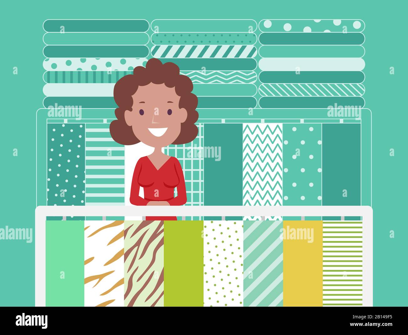 Illustration of A Girl in a Fabric Store with Vertical Storage Rack ...