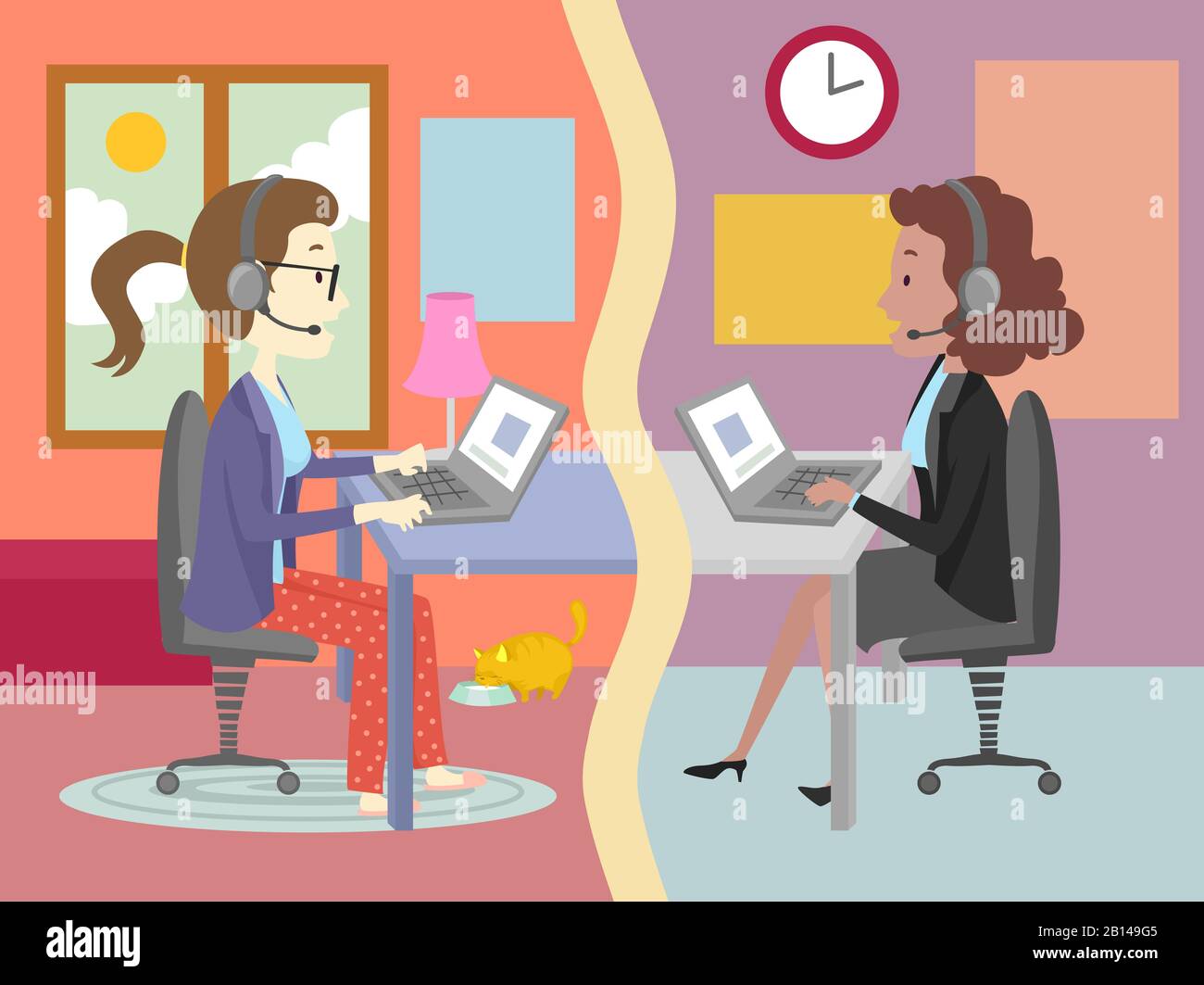 Illustration of Two Girls in a Job Interview Using Laptop and Headset ...