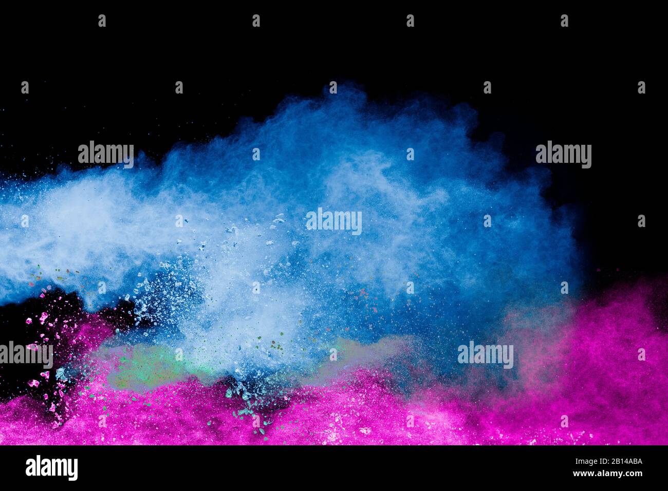 Explosion of blue pink colored powder isolated on black background.Pink ...
