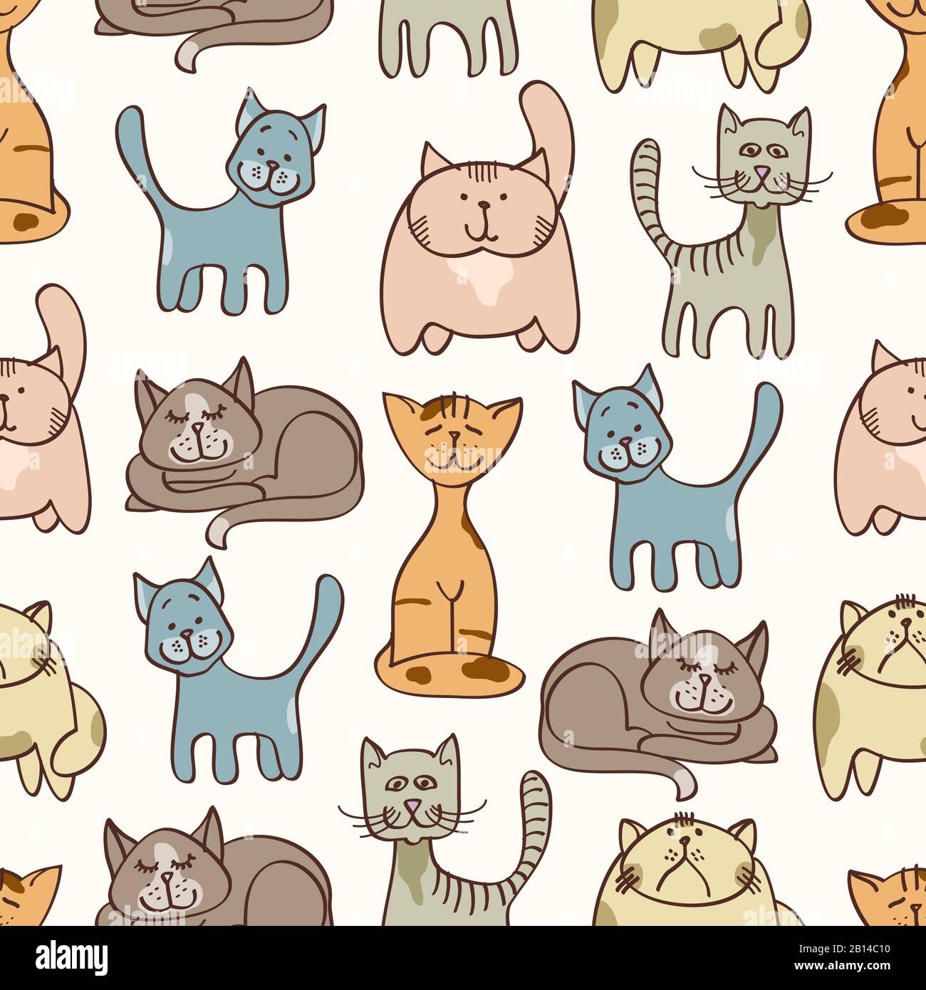 Hand drawn cute cats seamless pattern - pets seamless background. Vector illustration Stock ...