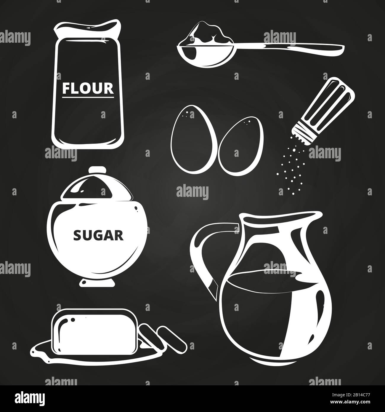 Baking ingredients collection on chalkboard. Collection of ingredients ...