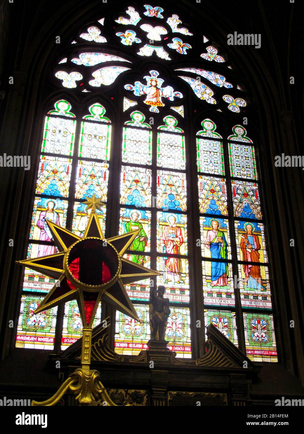 Stained glass window. St. Vitus cathedral, Prague. Czech Republic Stock ...