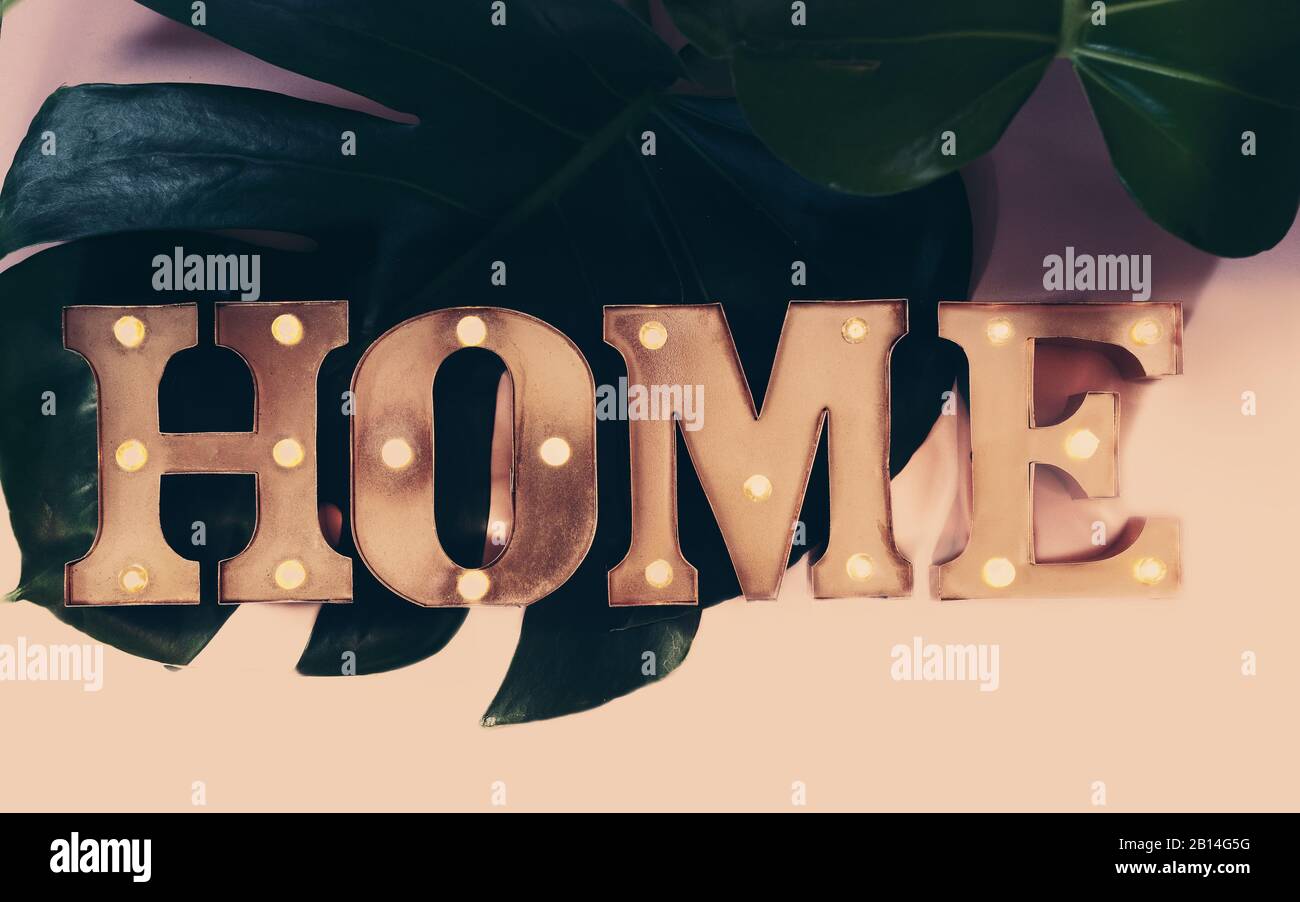 Idea of interior decoration with metal illuminated letters making home ...