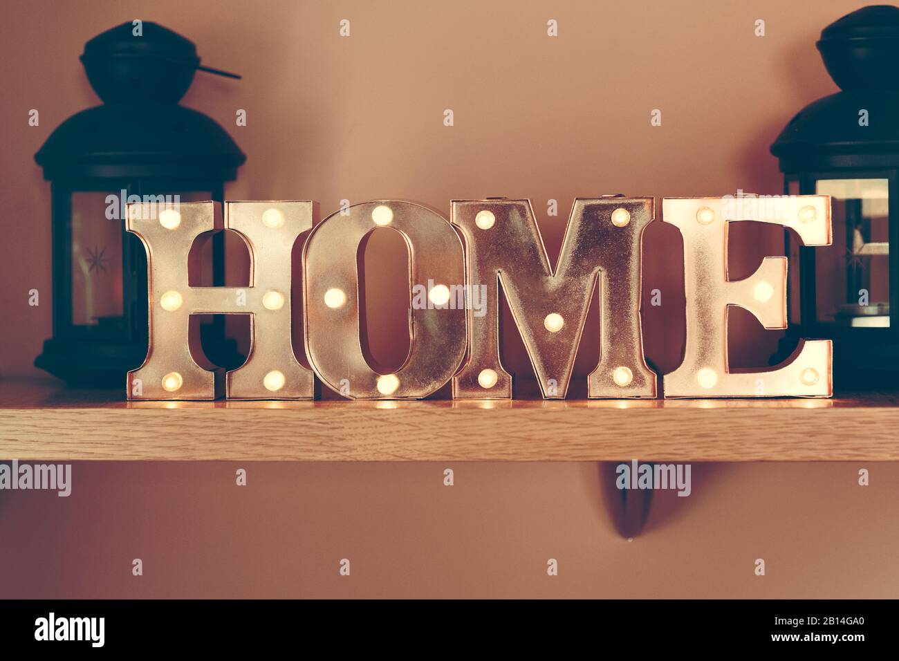 Idea of interior decoration with metal illuminated letters making home ...