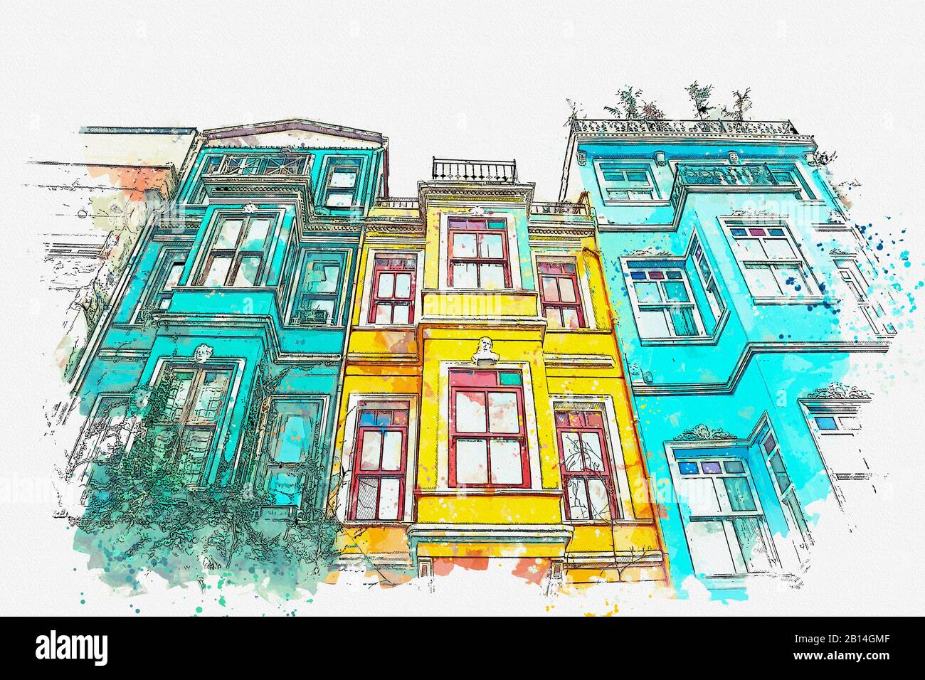 Watercolor sketch of ancient traditional apartment buildings in the ...