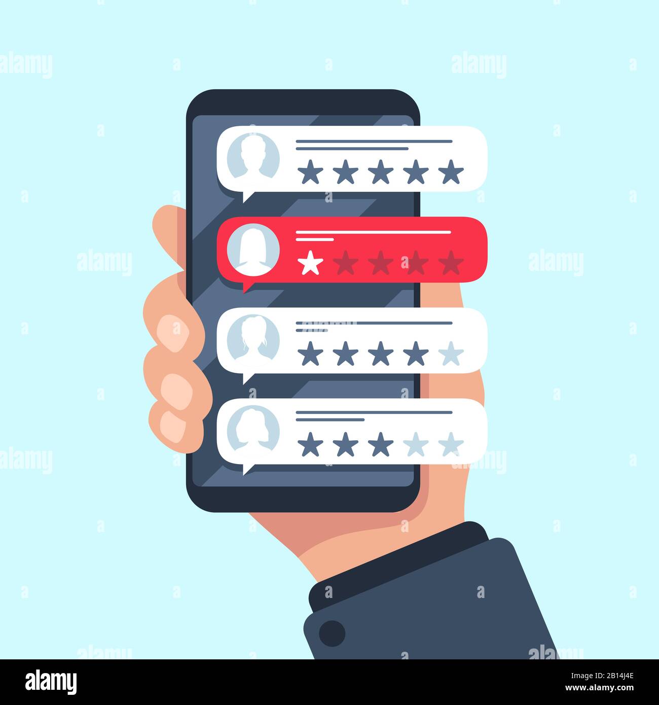 Rating review bubble. Reviewers texting on cellphone app, choice bad or ...