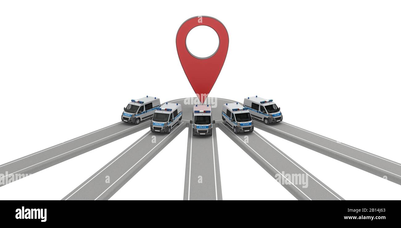 group of police cars at one map point. 3d rendering Stock Photo - Alamy