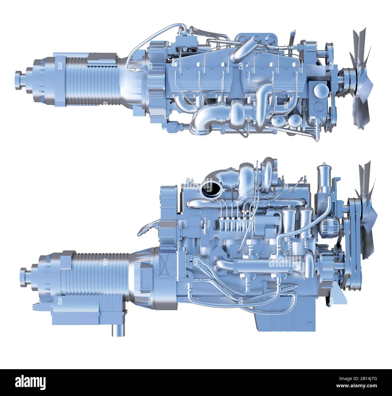 steel engine top and side view isolated on white. 3d rendering Stock ...