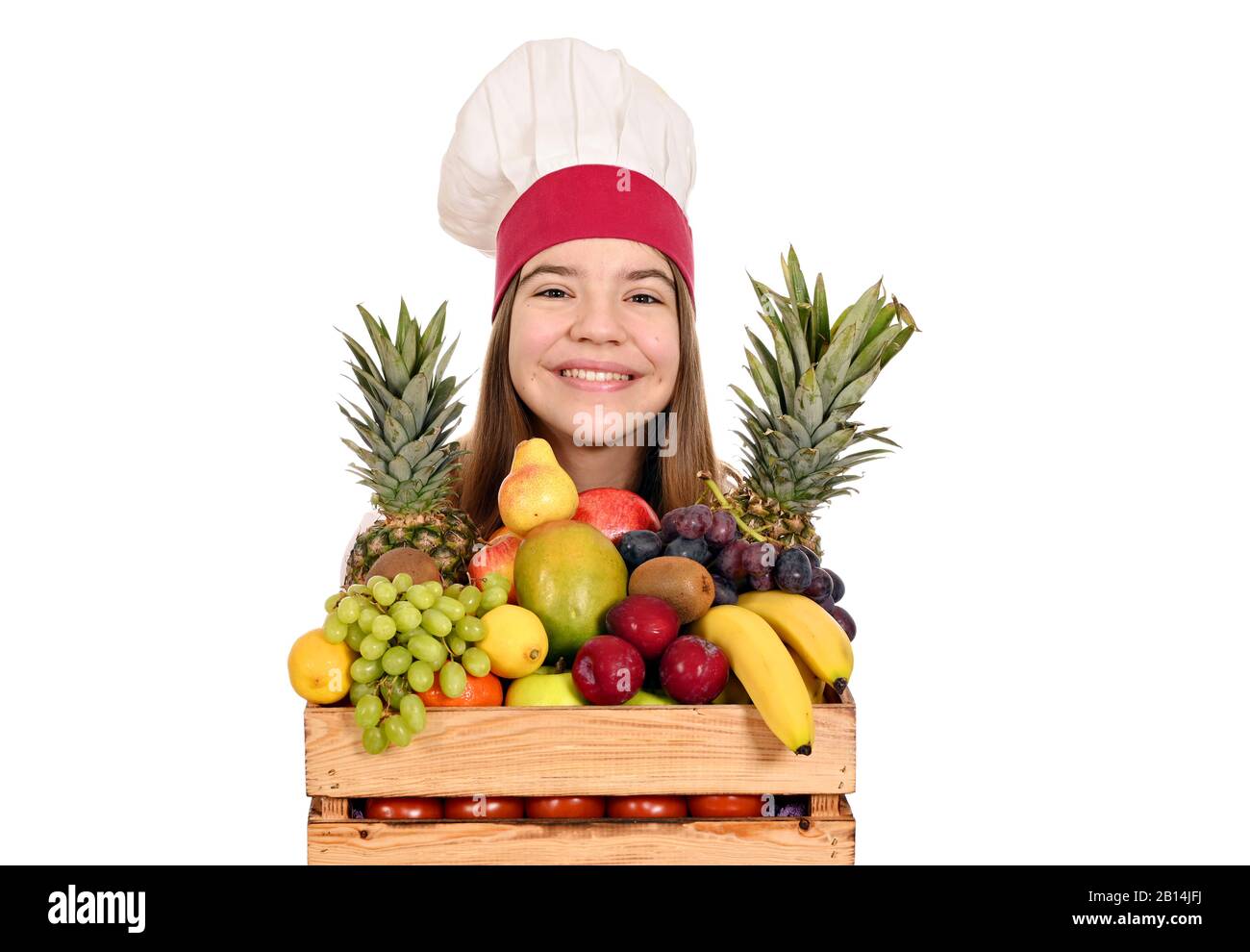the cook and wooden crate with fruit Stock Photo - Alamy