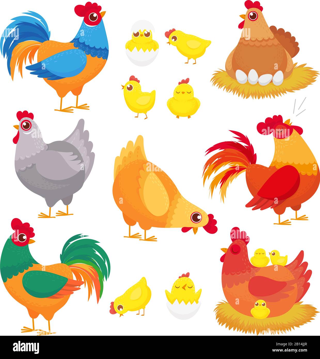 Cute domestic chicken. Farm breeding hen, poultry rooster and chickens with chick. Hens cartoon ...
